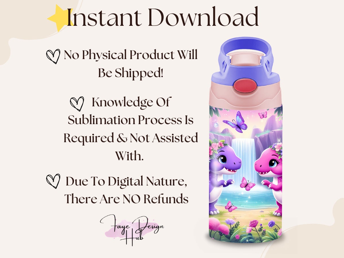 Pink Dinosaur Kids Sublimation Design Kids Water Bottle Flip Top Sippy ...