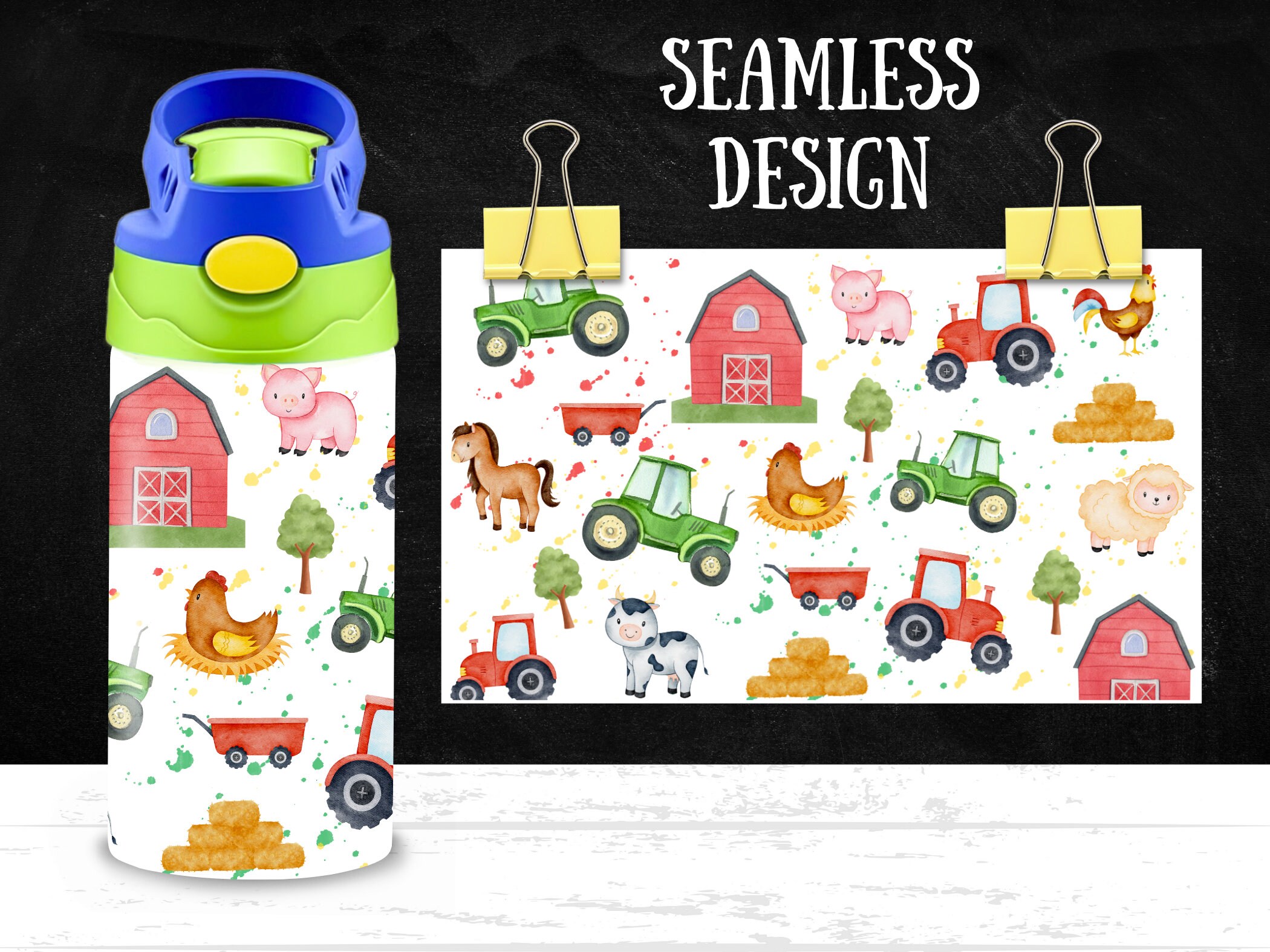 Farm Animals Kids Sublimation Design Kids Water Bottle Flip Top Sippy ...