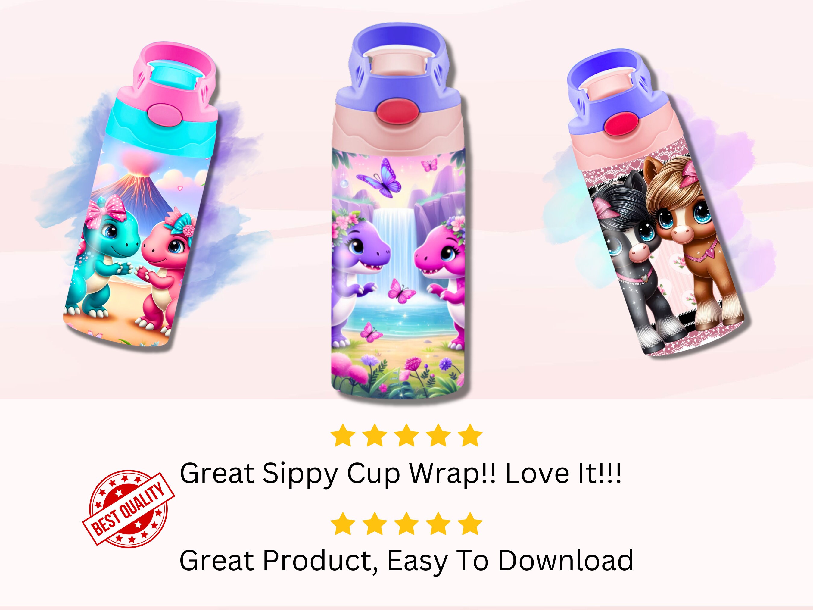 Pink Dinosaur Kids Sublimation Design Kids Water Bottle Flip Top Sippy ...