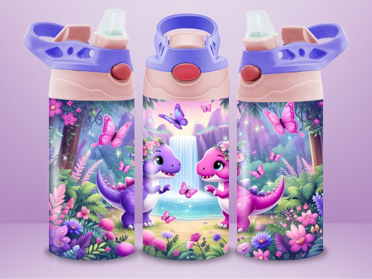 Pink Dinosaur Kids Sublimation Design Kids Water Bottle Flip Top Sippy ...