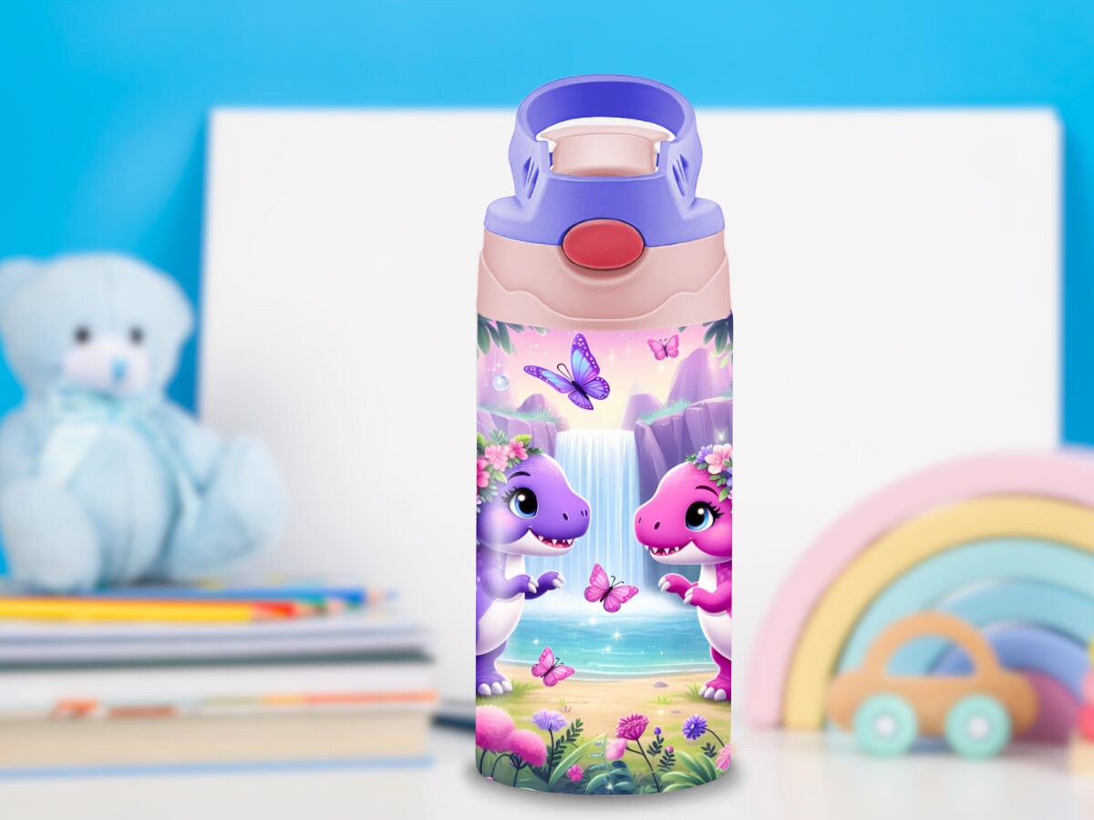 Pink Dinosaur Kids Sublimation Design Kids Water Bottle Flip Top Sippy ...