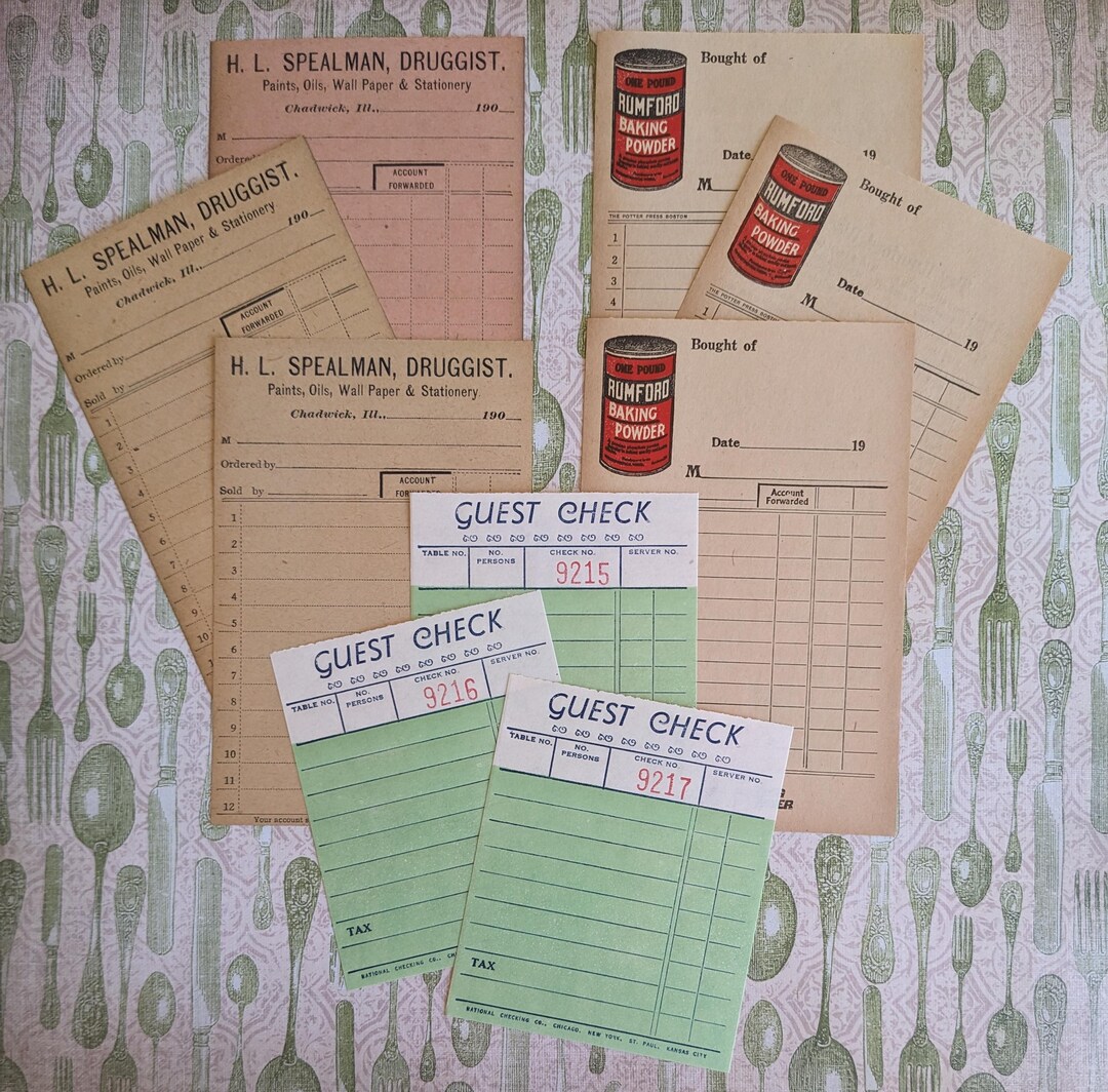 9 Vintage Receipts. Junk Journal Green Pink Paper Ephemera Receipts ...