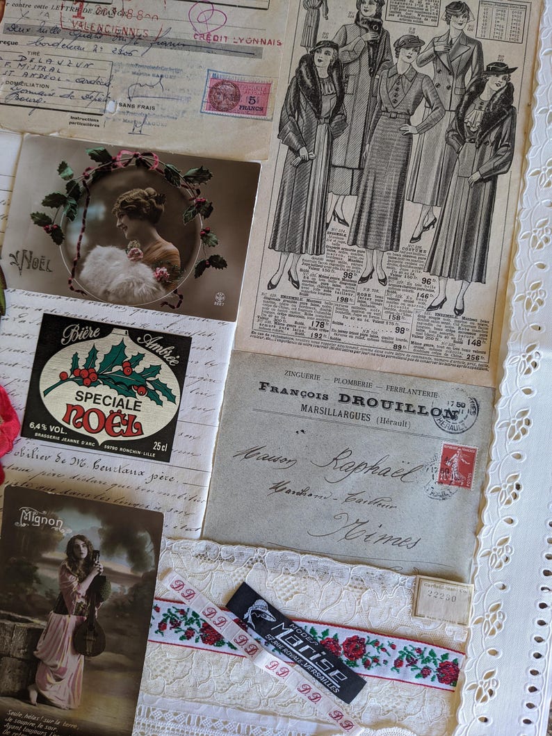 VINTAGE French Christmas Paper Ephemera. Noel Postcard. Millinery ...