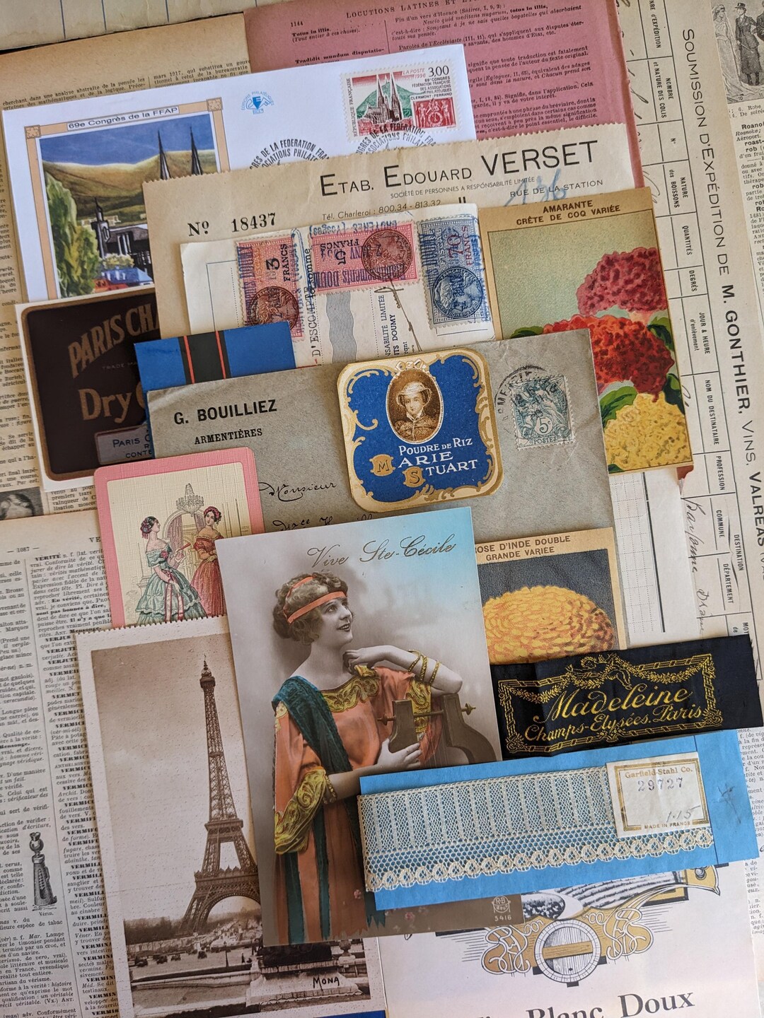 Vintage FRENCH Paper Parcel Junk Journal Paper Ephemera. Lace Sample ...