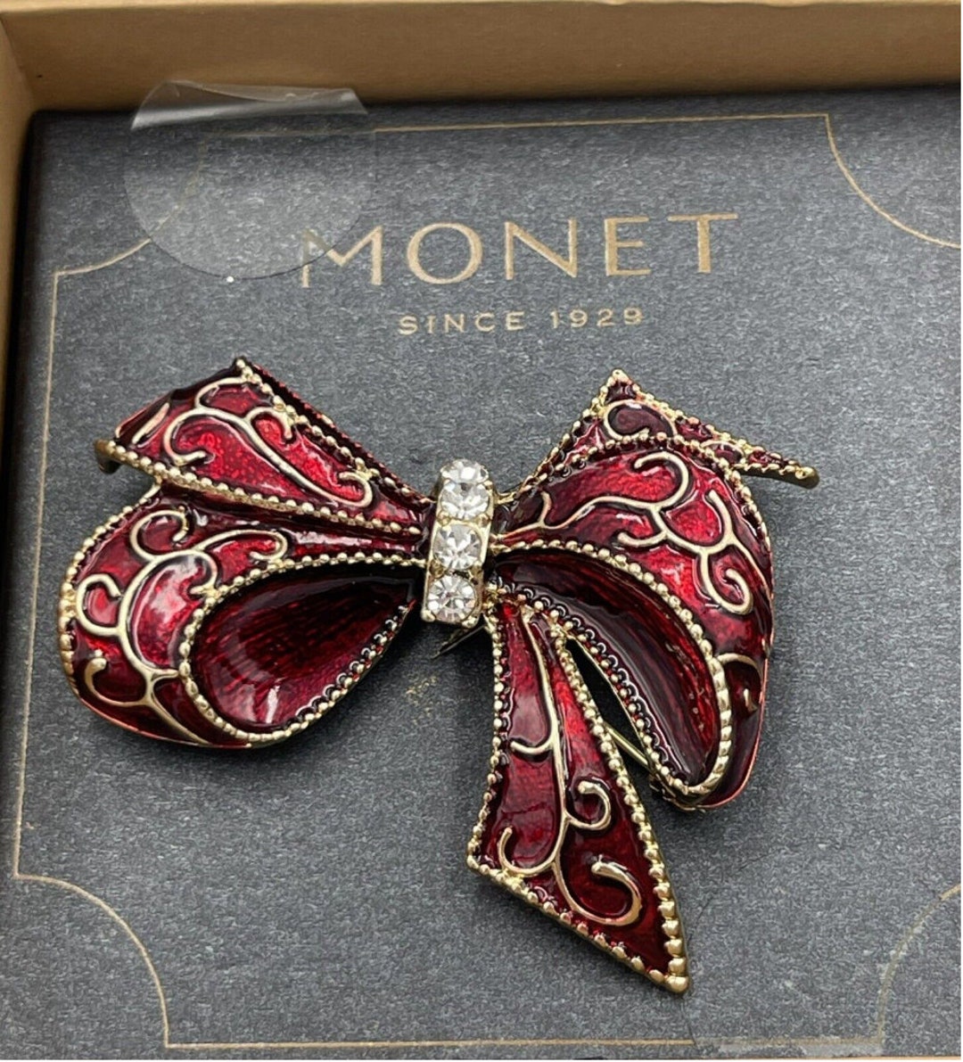 Vintage Monet Enamel Red & Goldtone Bow Brooch Pin With Rhinestones New ...