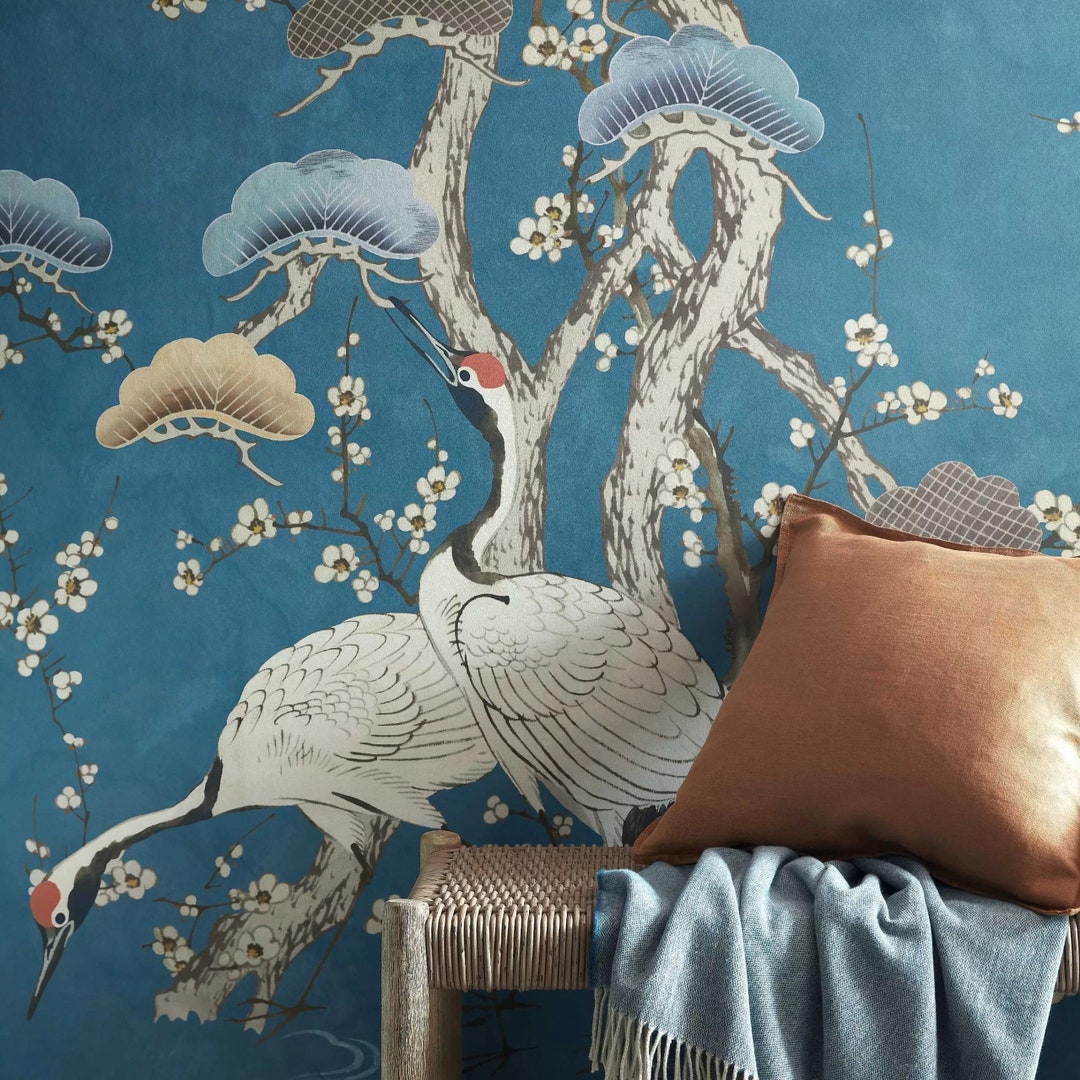 Kyoto Blossom Prussian Blue Wall Mural - Etsy