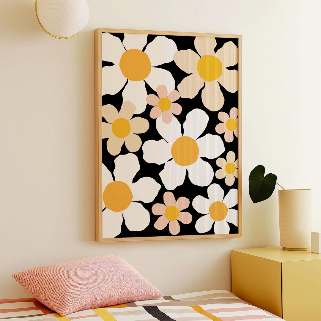 Daises Wall Art Print, Black & White Flower Print, Yellow and Cream ...
