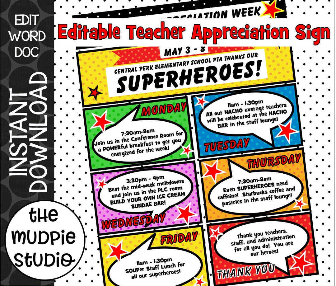 EDITABLE Superhero Teacher Appreciation Week Itinerary Poster ...