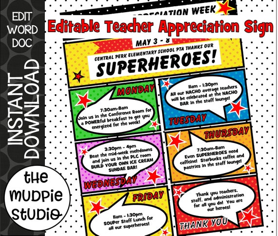 EDITABLE Superhero Teacher Appreciation Week Itinerary Poster - Etsy