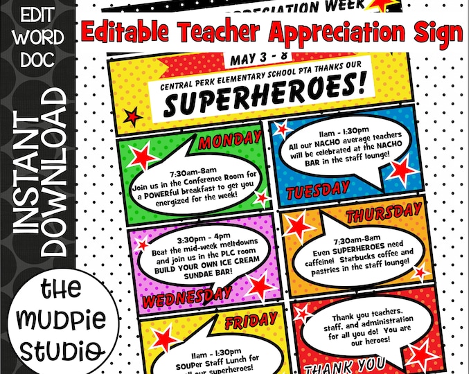 EDITABLE Superhero Teacher Appreciation Week Itinerary Poster ...