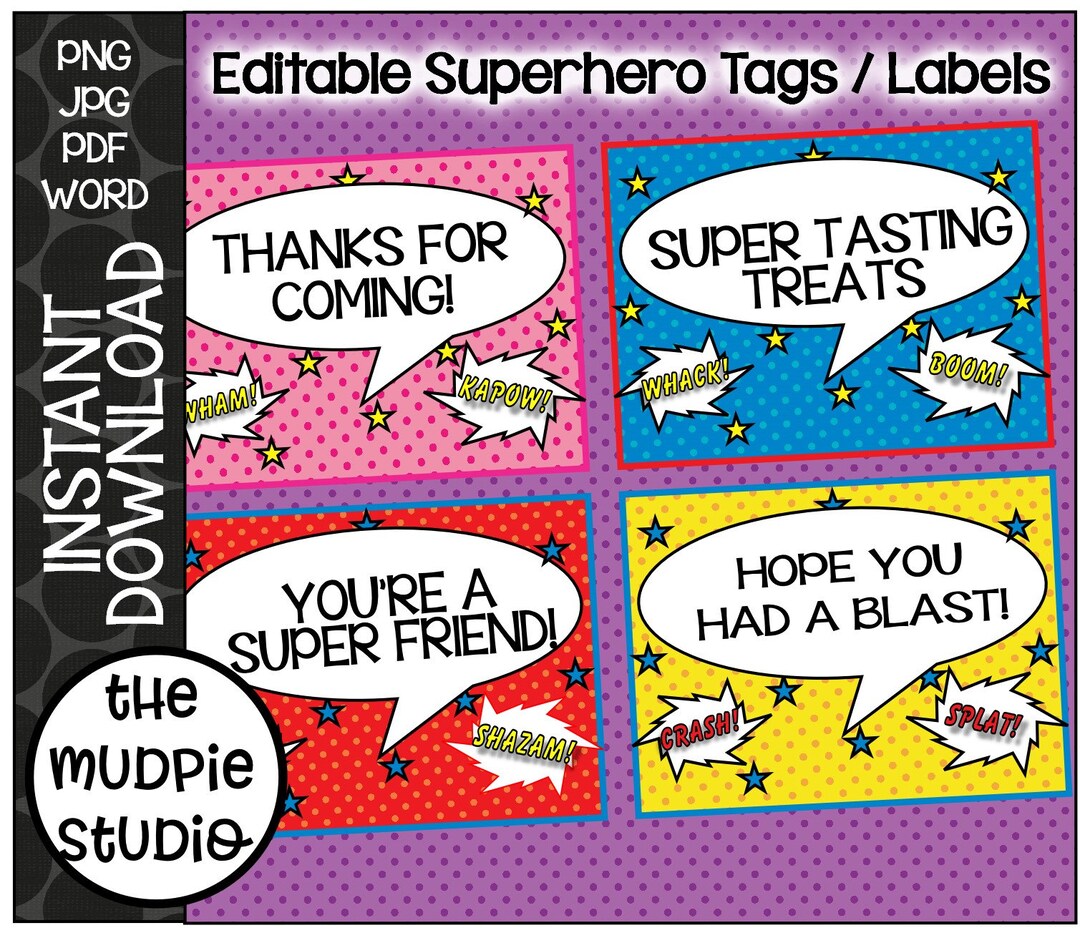 Editable Superhero Hero Tag Label - Hero Party Superhero Party Decor ...