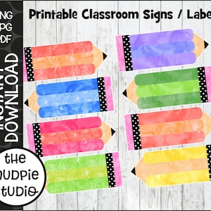 Watercolor Pencil Sign Label Tag - Classroom Sign, Classroom Decor ...