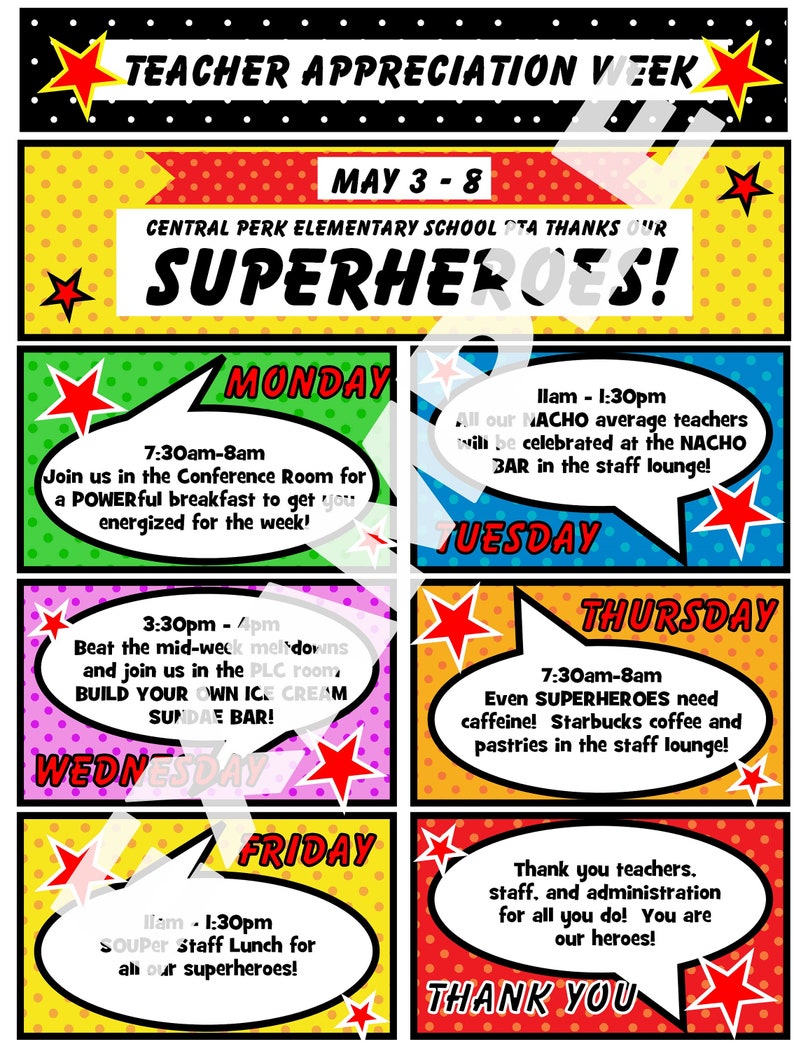 EDITABLE Superhero Teacher Appreciation Week Itinerary Poster - Etsy
