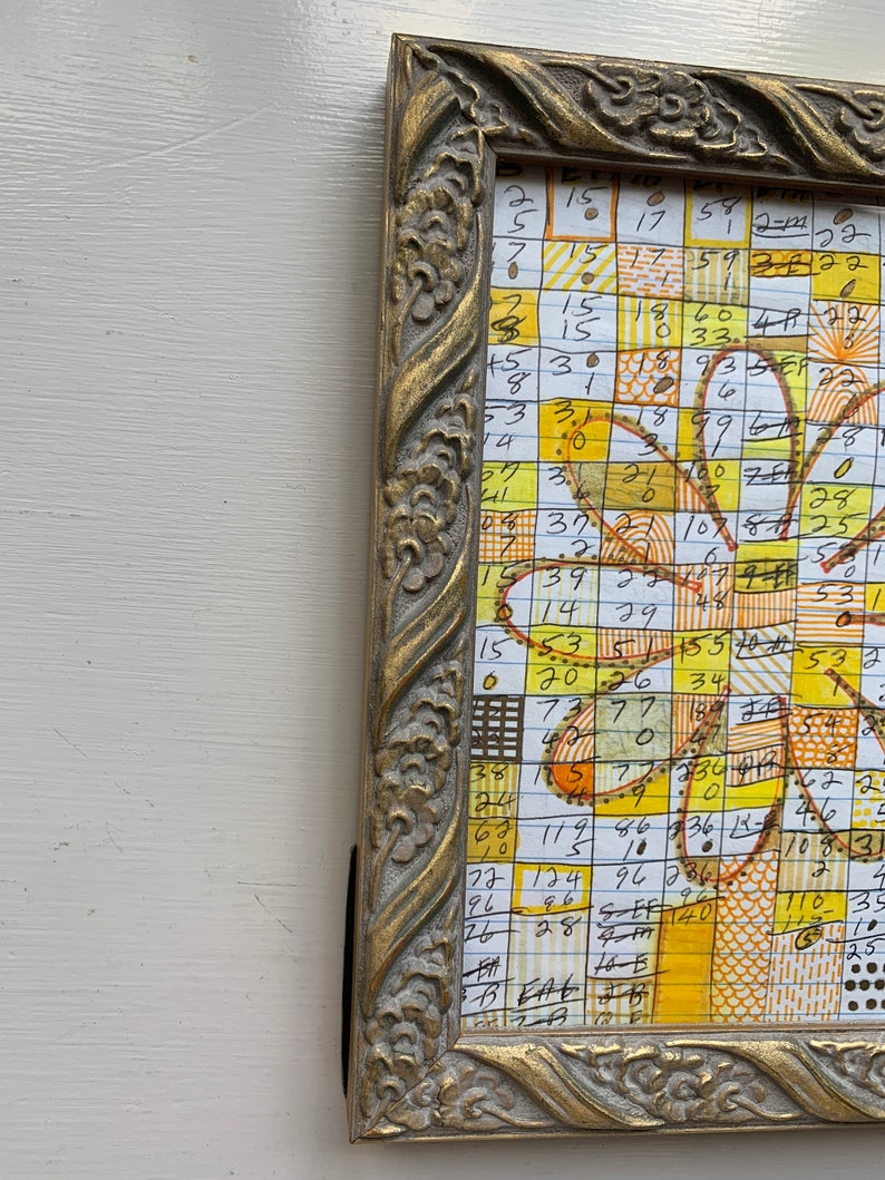 Small Original Art on Paper / Floral Yellow Geometric Patterns by ...