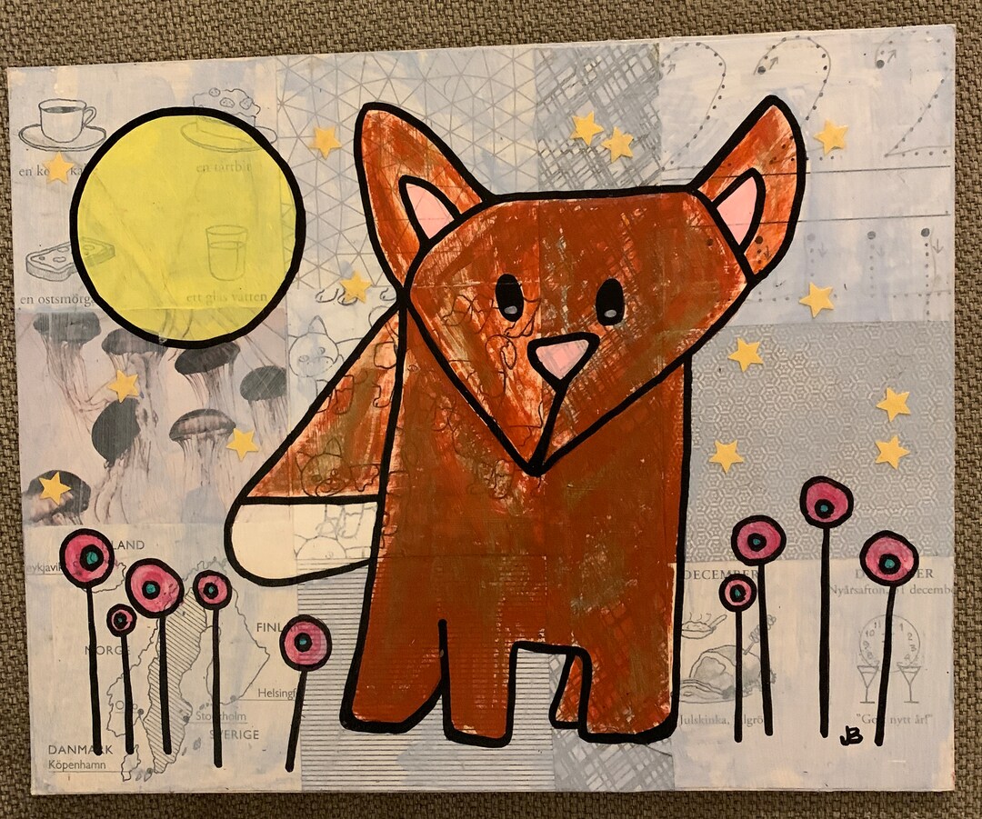 Original Painting of a Red Fox With Flowers and the Moon / Mixed Media ...