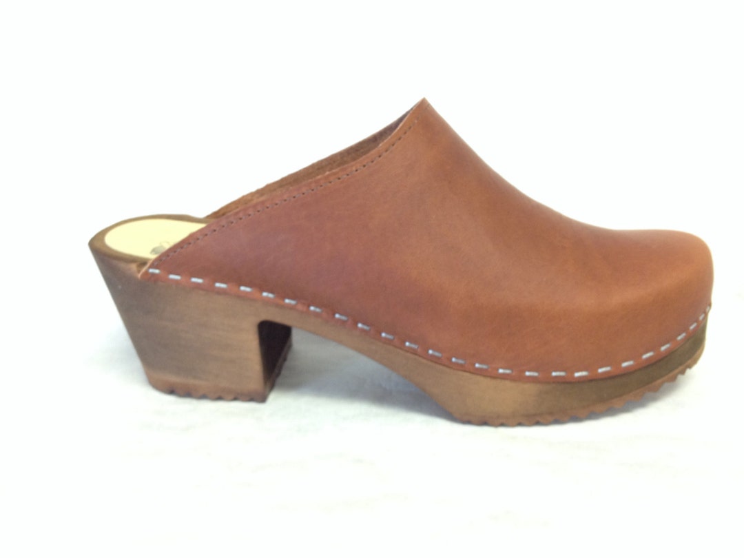 Nora // Honey Brown Oiled Medium Heel Full Clog - Etsy