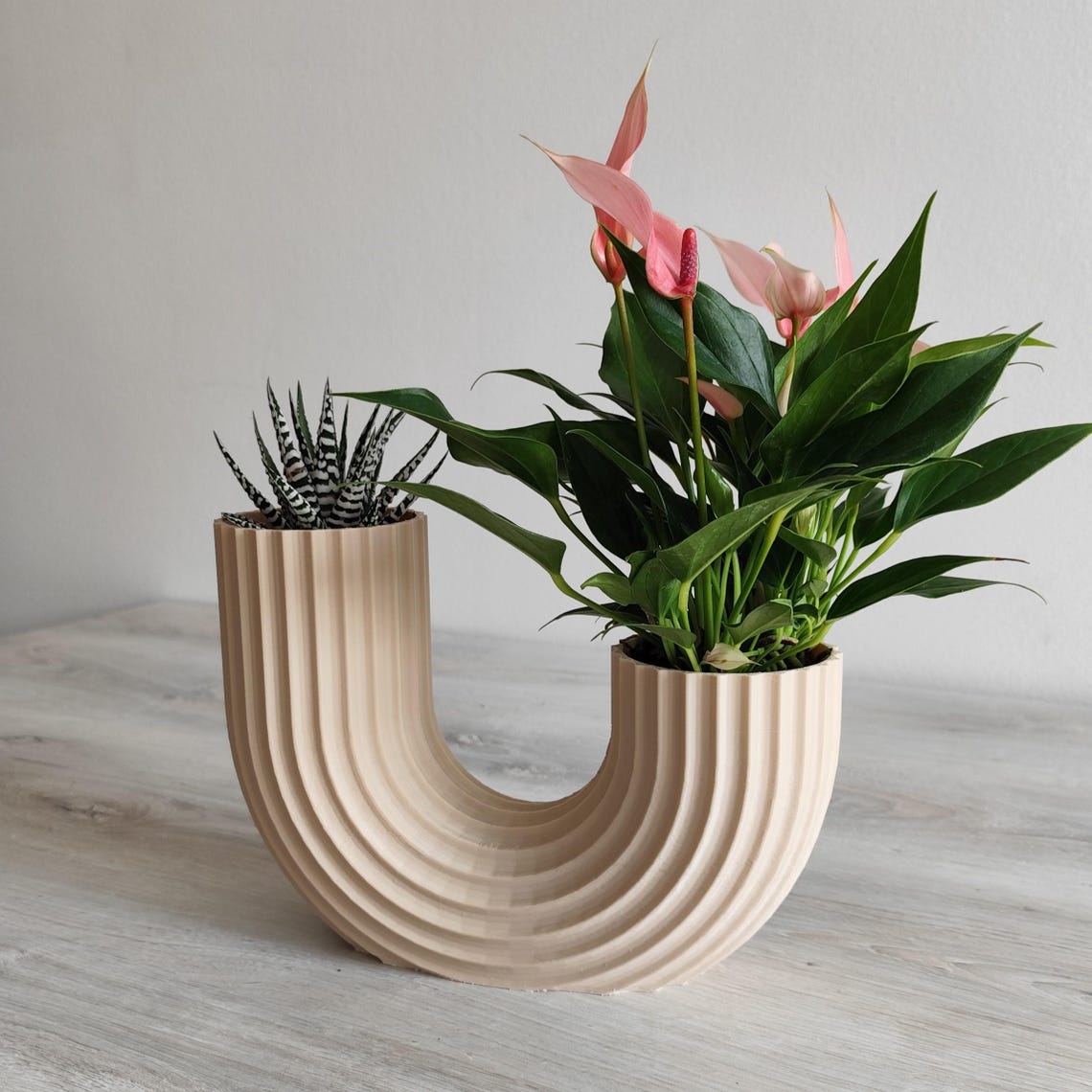 U Shaped Double Planter – 3D Printed Ribbed Taupe Vase, PLA Bioplastic ...