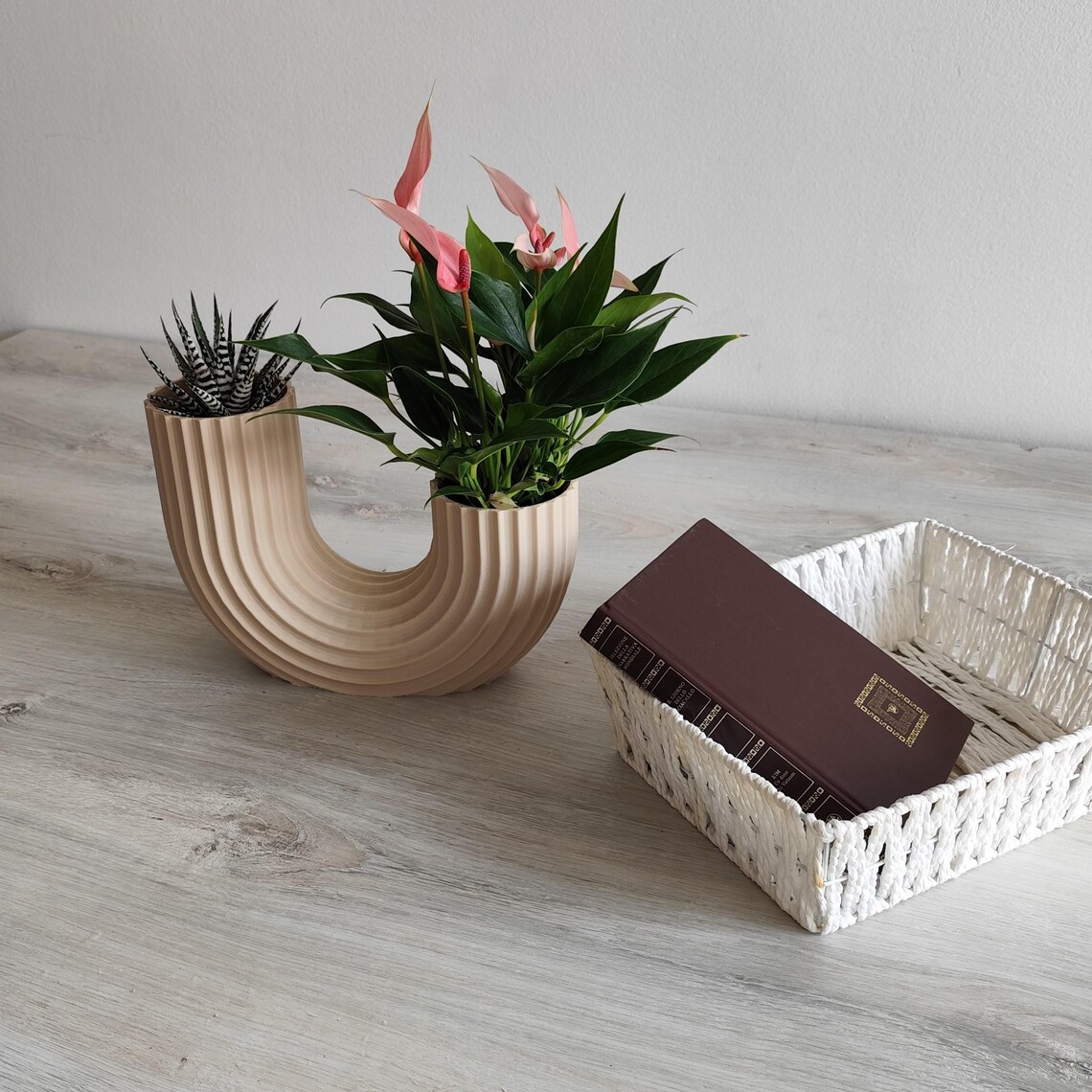 U Shaped Double Planter – 3D Printed Ribbed Taupe Vase, PLA Bioplastic ...