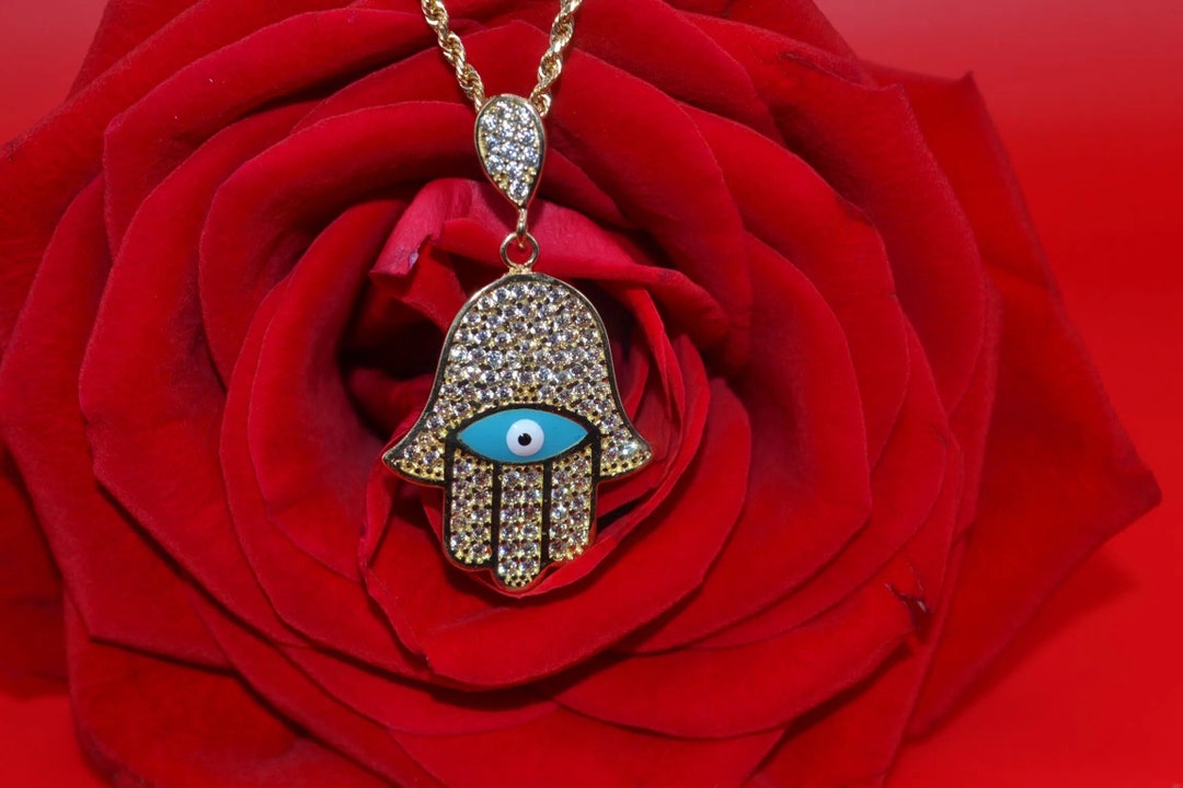 14K Solid Yellow Gold Hamsa Hand of Fatima Pendant Evil Eye Good Luck ...