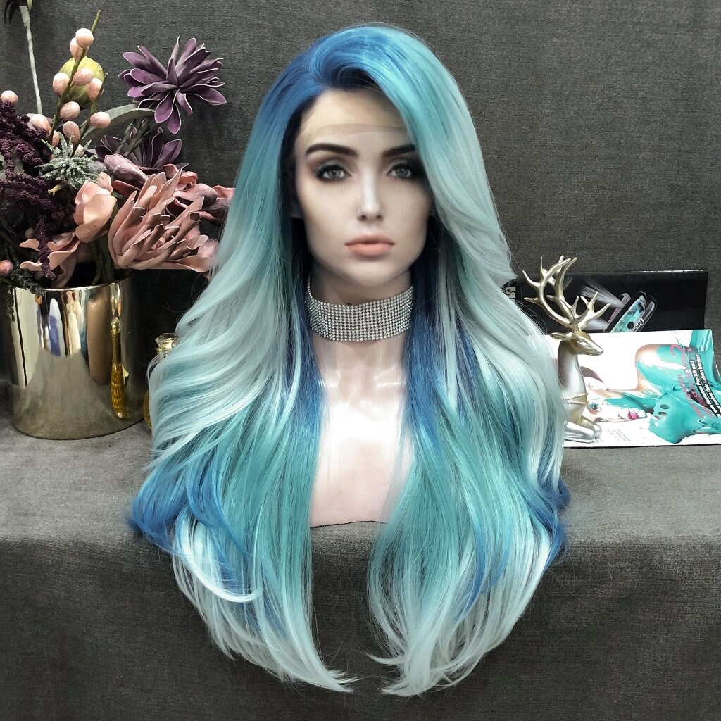Acionna Sky and Pastel Blue Ombre Long Loose Wave Lace Front Wig, Heat ...