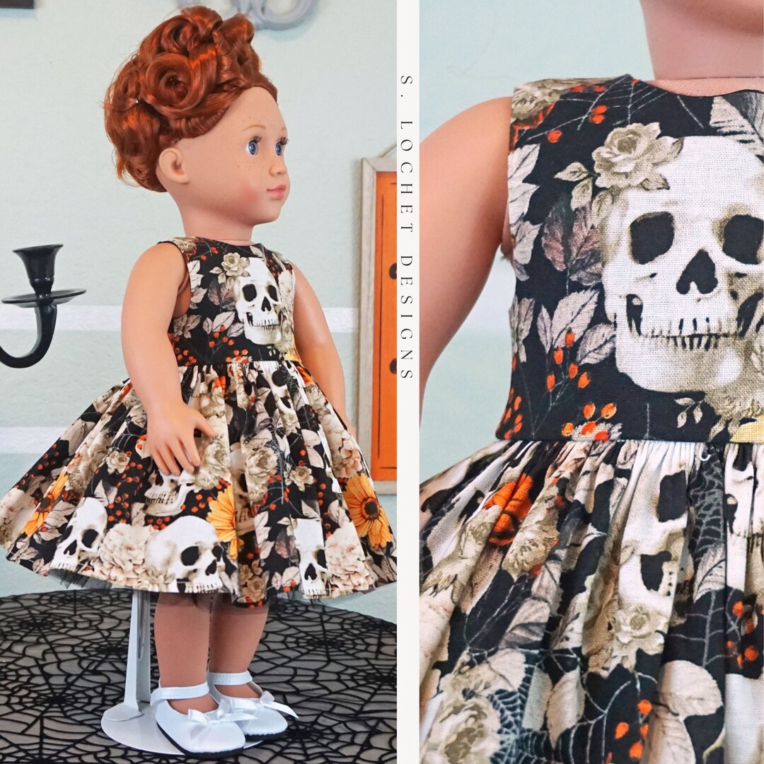 Classic Vintage Style Halloween Flowers and Skulls Dress for 18 Doll AG ...