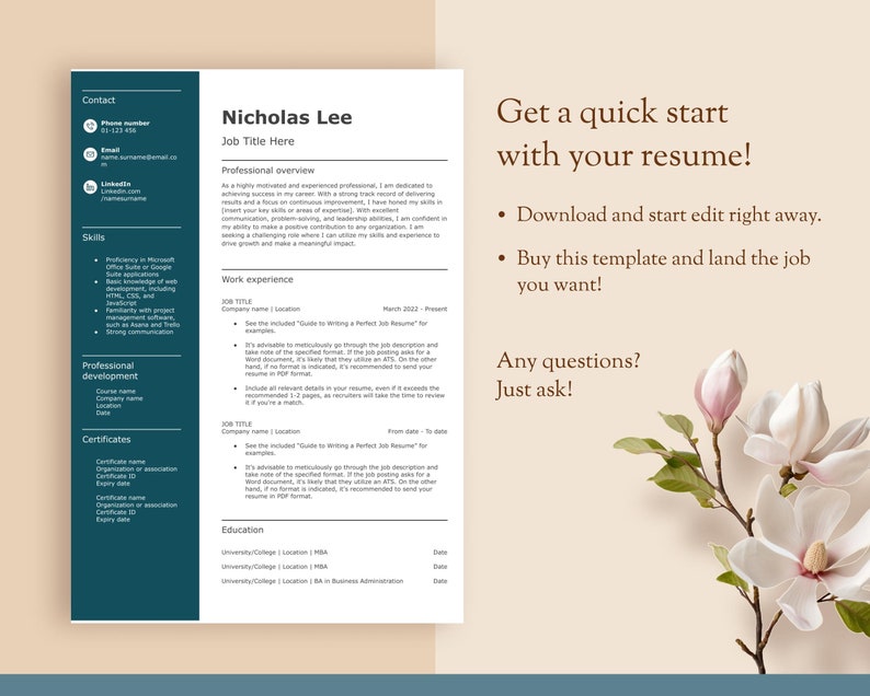 PROFESSIONAL Modern and Clean 2-column Resume With Photo. Easy Word ...