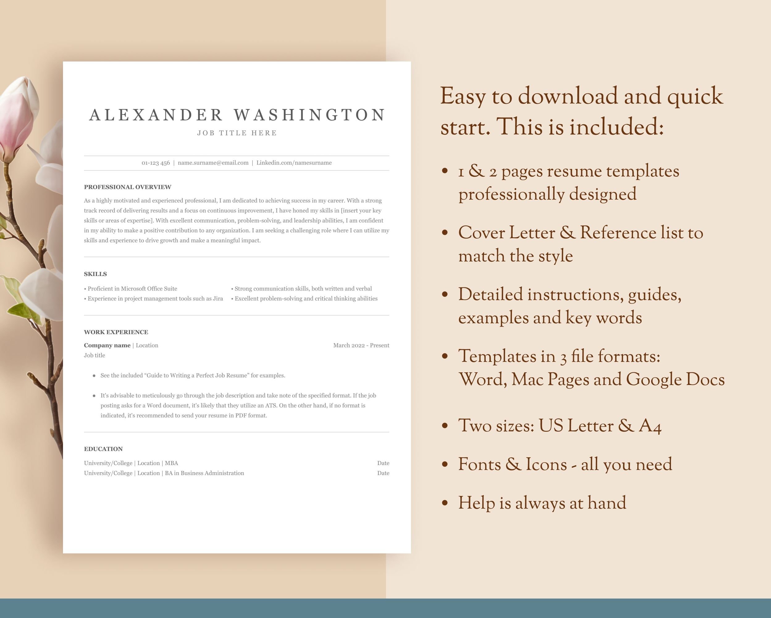 MODERN Minimalist Ats-friendly Resume Template. Editable Professional ...