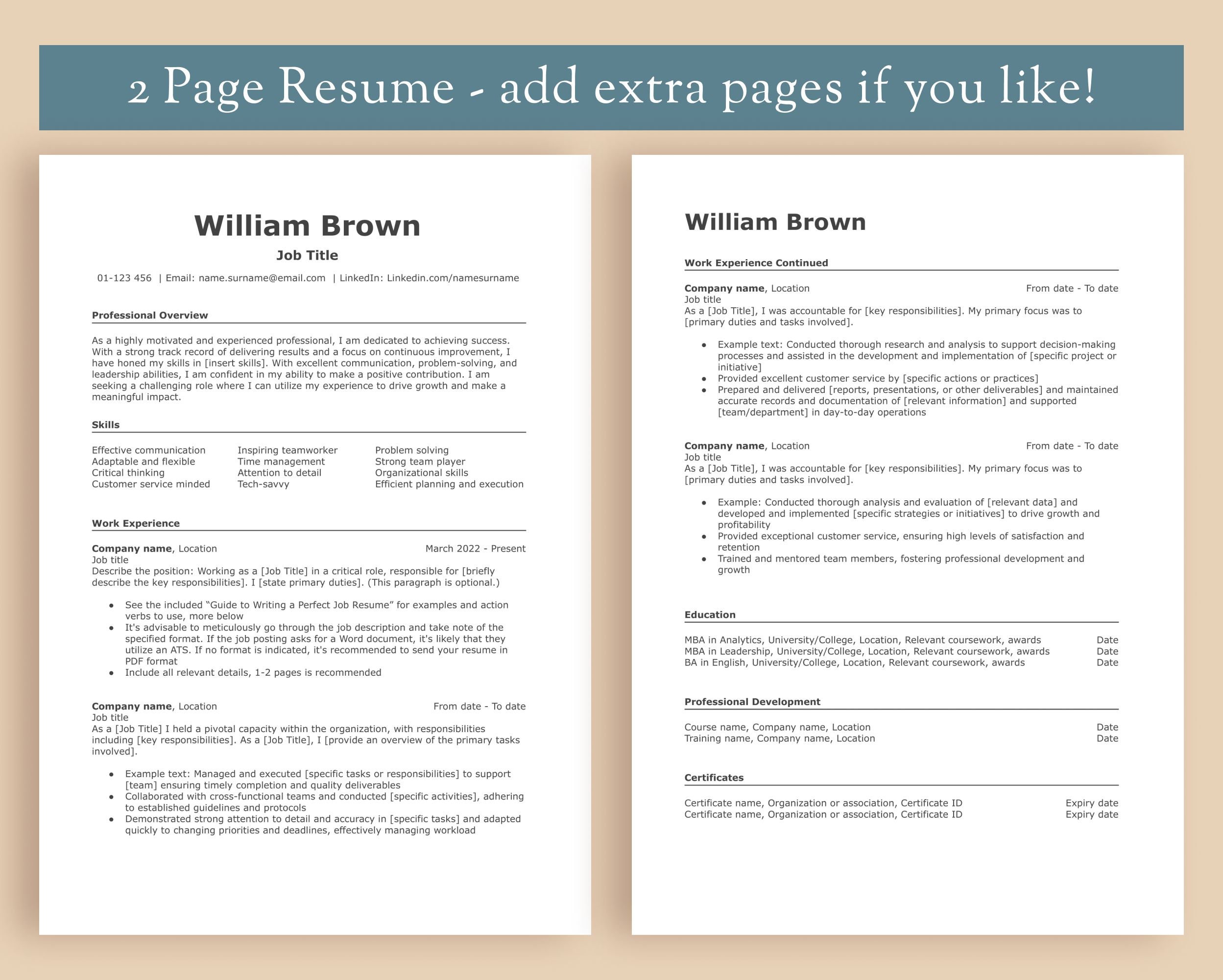SIMPLE 1-column Ats-friendly Resume Template 1 & 2 Pages, A4 and US ...
