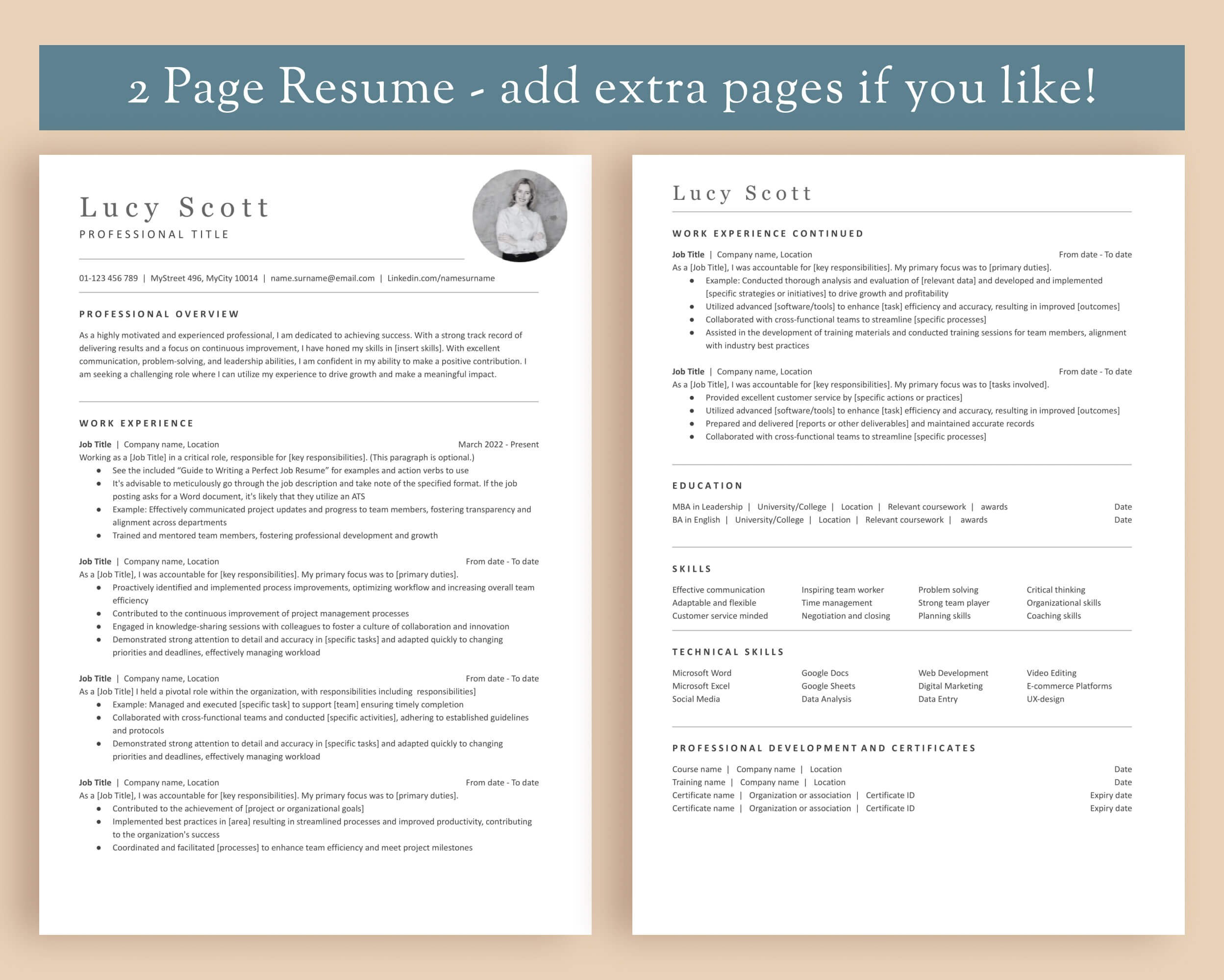 MODERN 1-column Resume Template With PHOTO. Ats-friendly Word, Mac ...