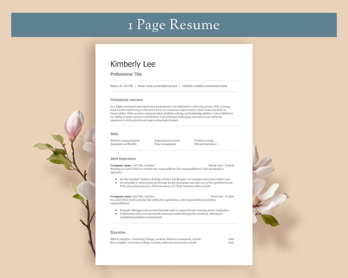 1-column Ats-friendly Resume Template Professional CV Bundle With ...