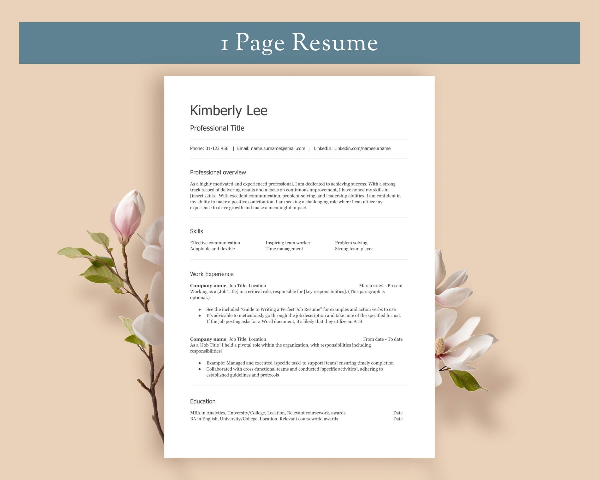 1-column Ats-friendly Resume Template - Professional CV Bundle With ...