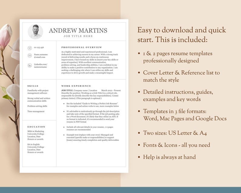 STYLISH Easy to Edit 2-column Resume With Photo. Stand Out With This ...