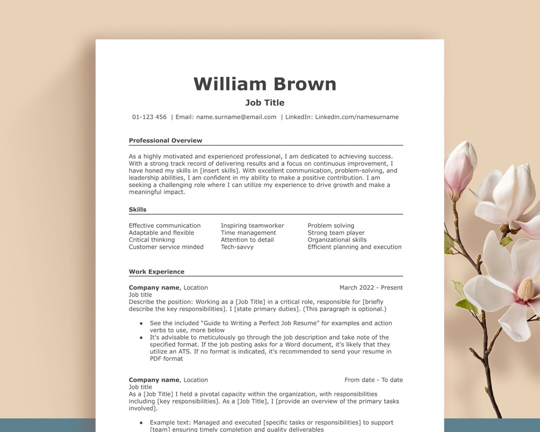 SIMPLE 1-column Ats-friendly Resume Template 1 & 2 Pages, A4 and US ...