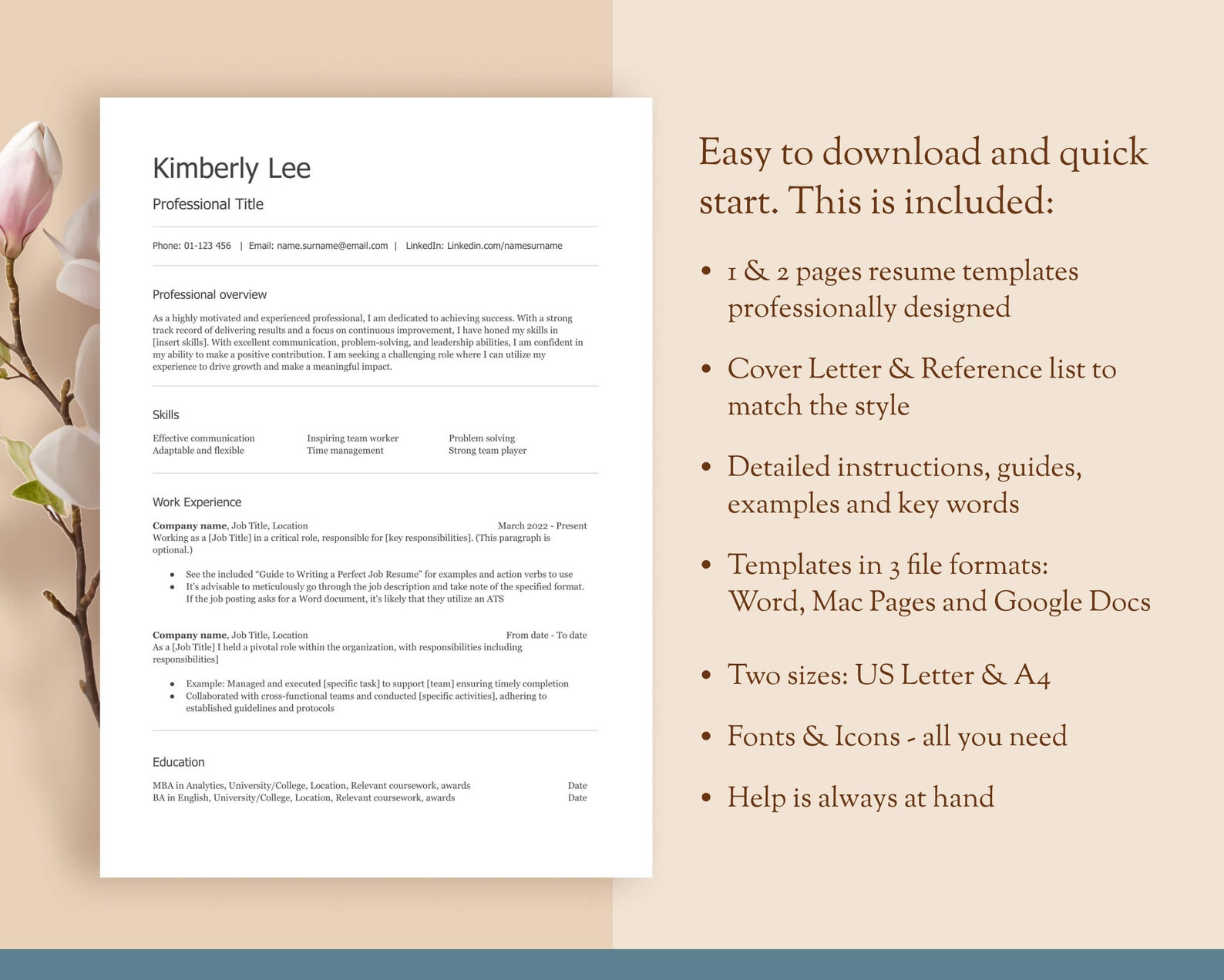 1-column Ats-friendly Resume Template - Professional CV Bundle With ...