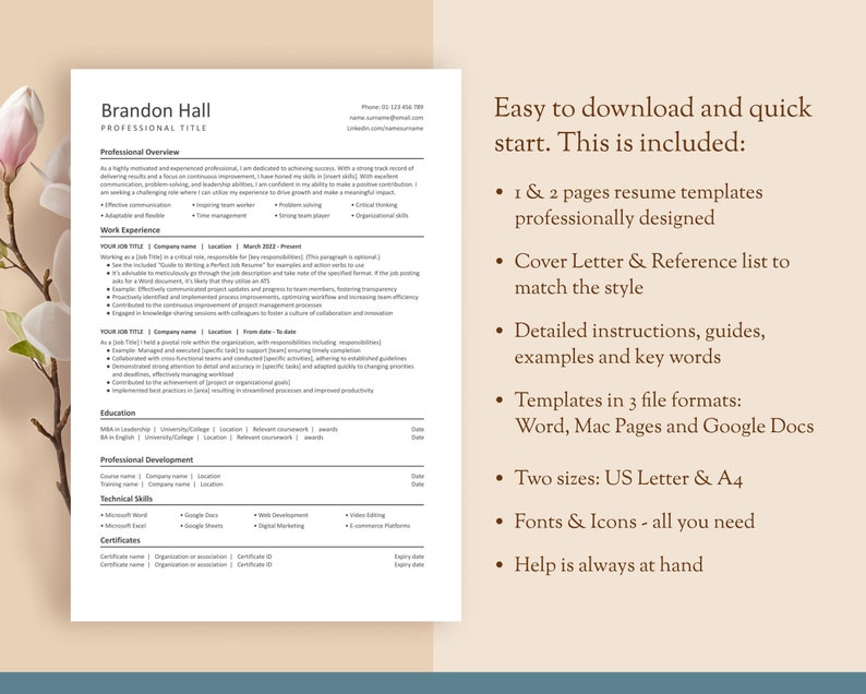 Professional Resume Template Bundle: Word Template, Mac Pages Template ...
