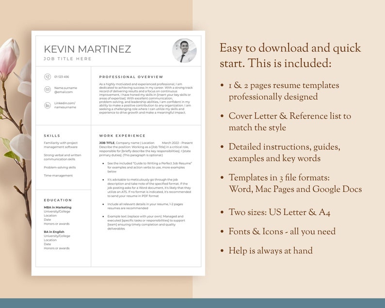 CLEAN PROFESSIONAL 2-column Resume With Photo. Accessible Word Template ...