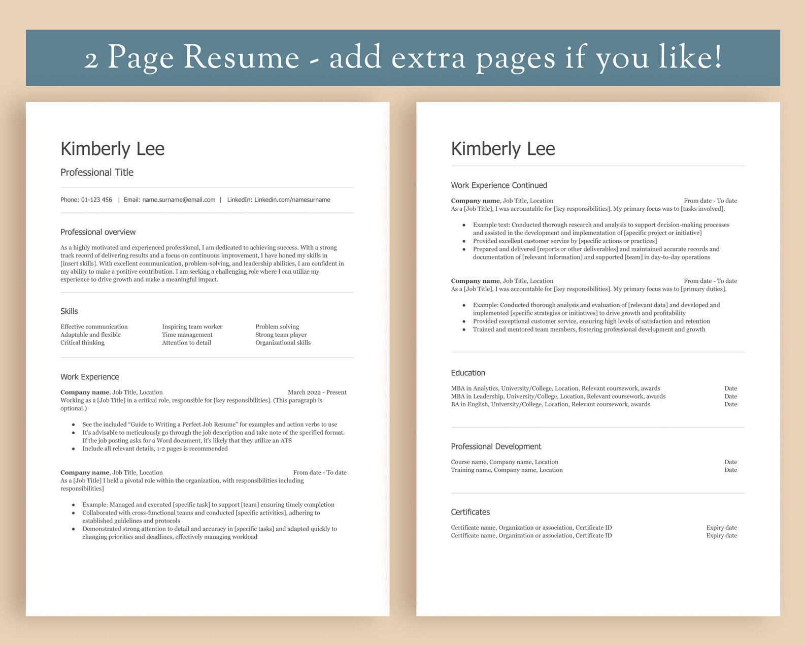 1-column Ats-friendly Resume Template Professional CV Bundle With ...