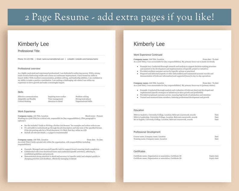 1-column Ats-friendly Resume Template - Professional CV Bundle With ...