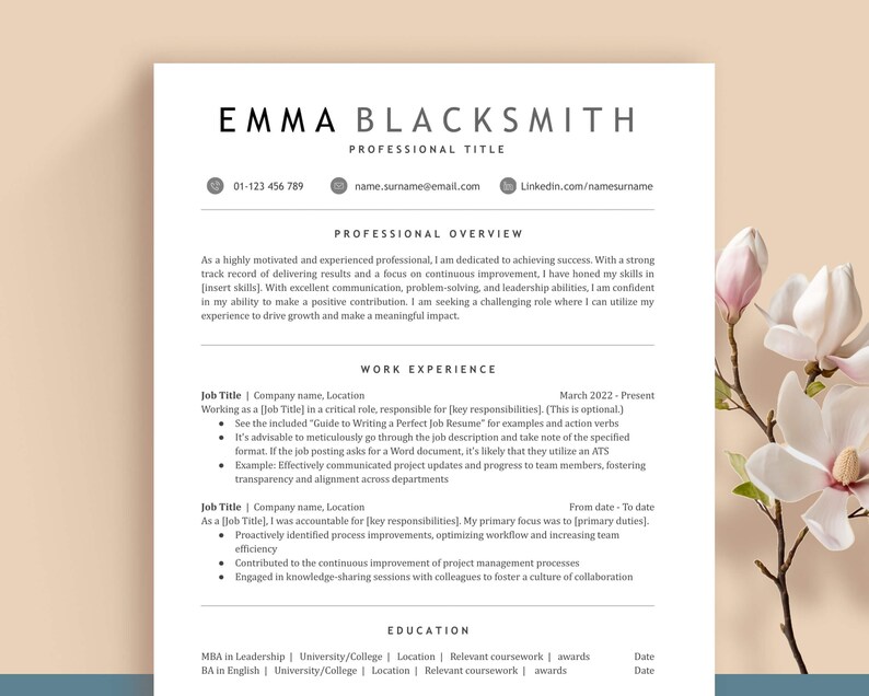 Minimalist 1-column Resume Template With Icons Included and Standard ...