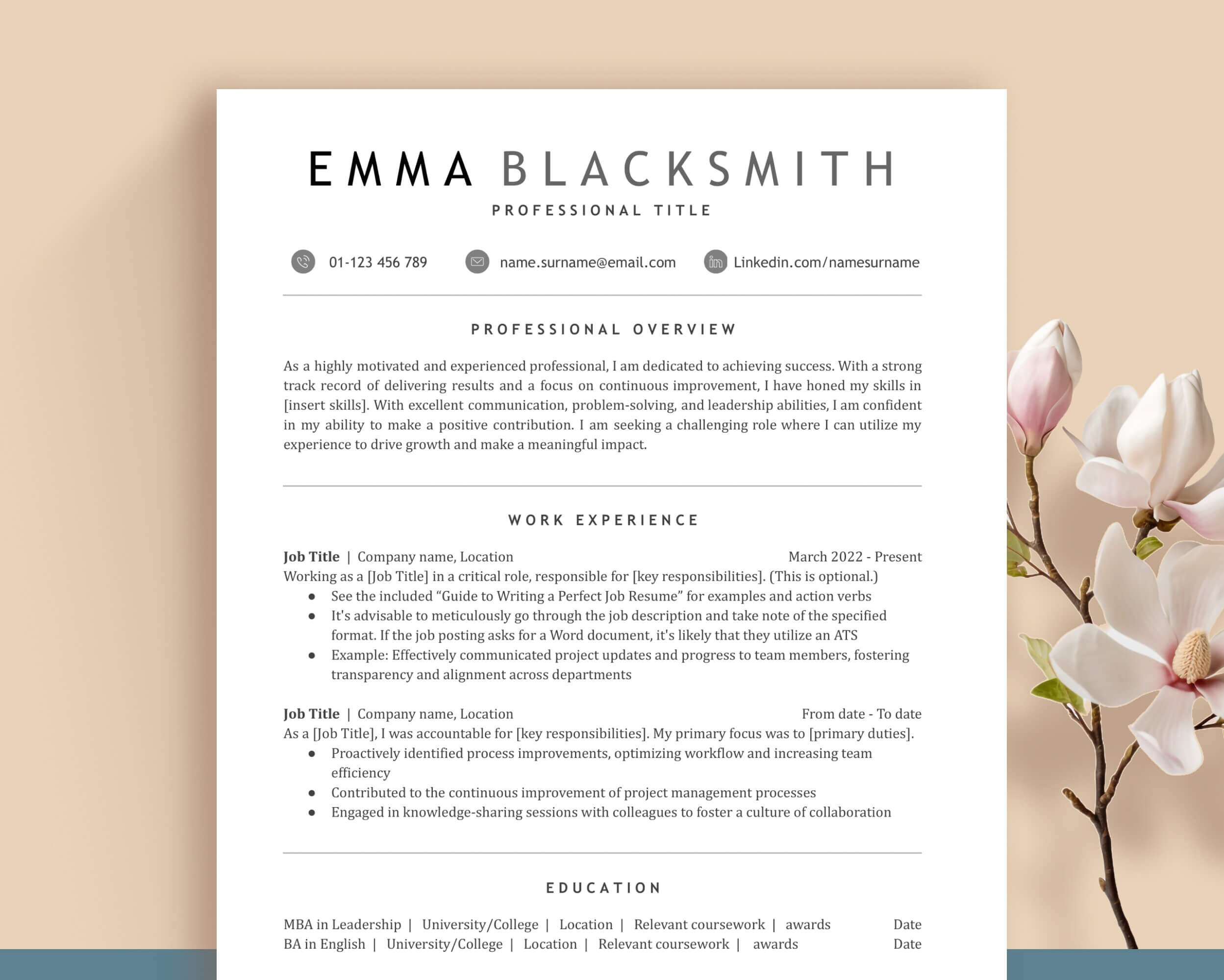 Minimalist 1-column Resume Template With Icons Included and Standard ...