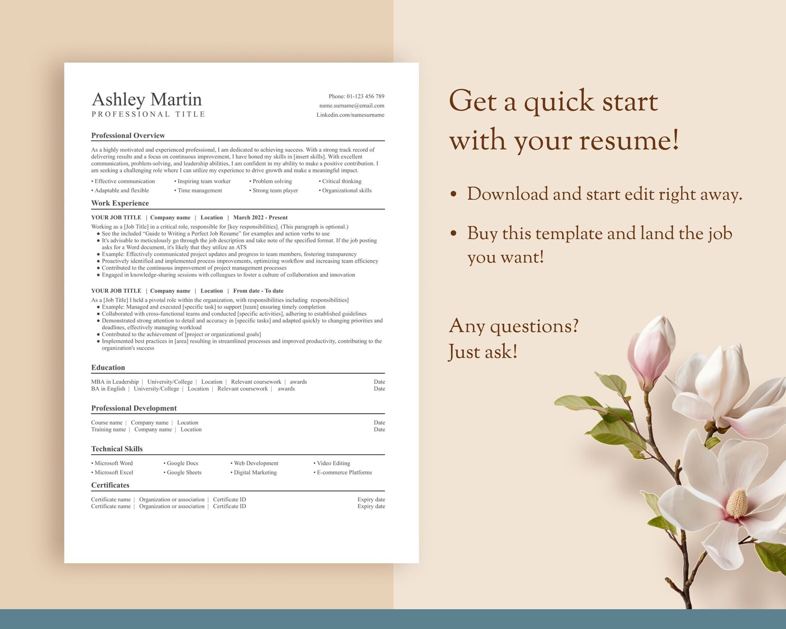 Best Stylish 2-column Resume Template. Modern CV for Word, Google Docs ...