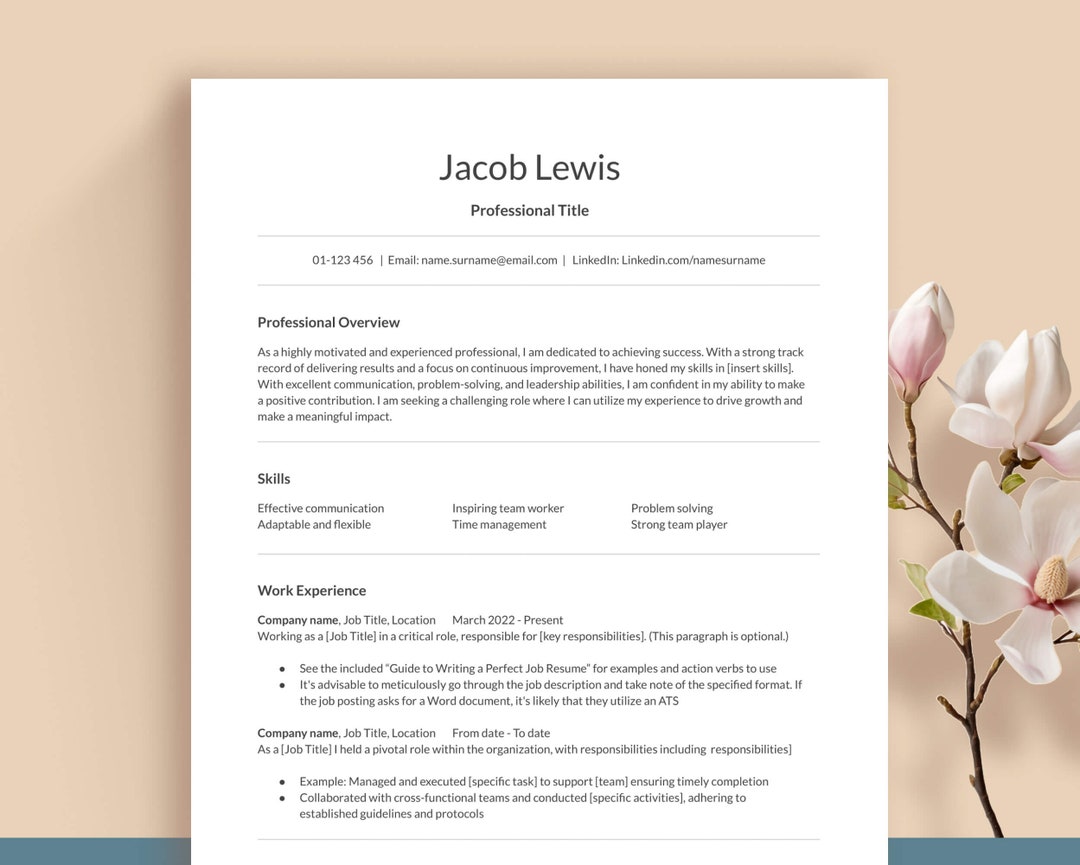 SIMPLE MINIMALIST Resume Template Easy-to-edit 1-column CV for Word ...