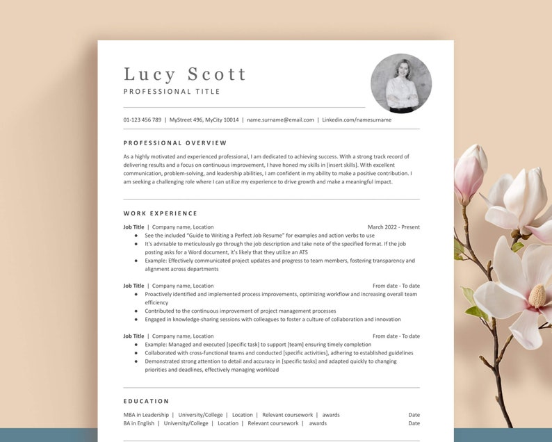 MODERN 1-column Resume Template With PHOTO. Ats-friendly Word, Mac ...