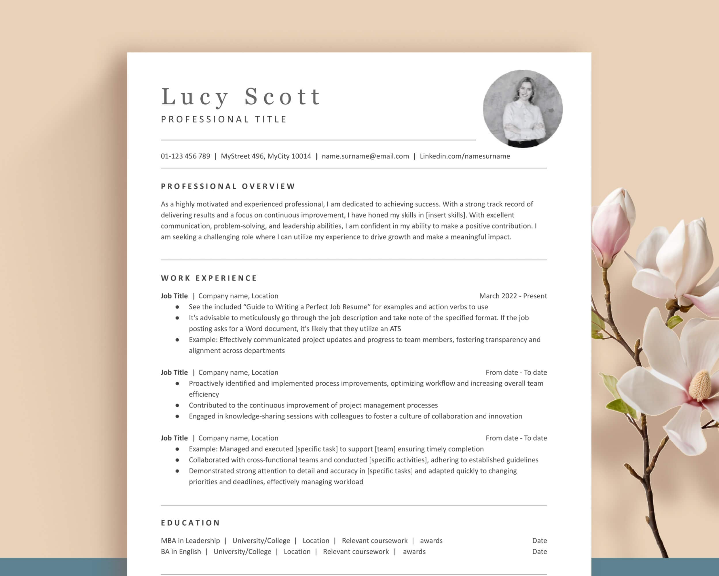 MODERN 1-column Resume Template With PHOTO. Ats-friendly Word, Mac ...