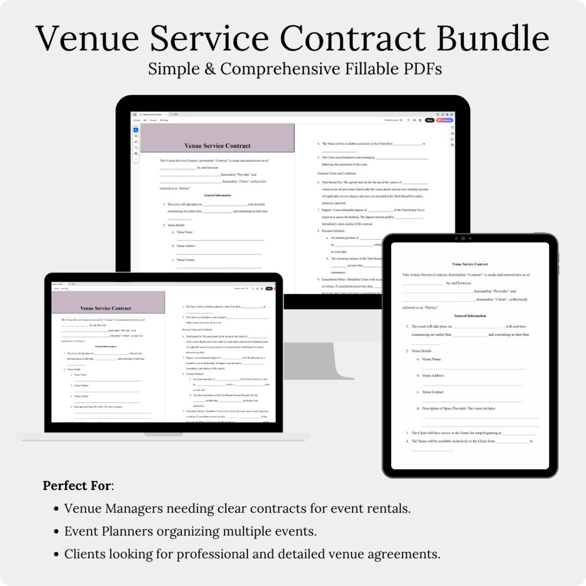 Fillable Venue Service Contract Bundle – Simple & Comprehensive PDF ...