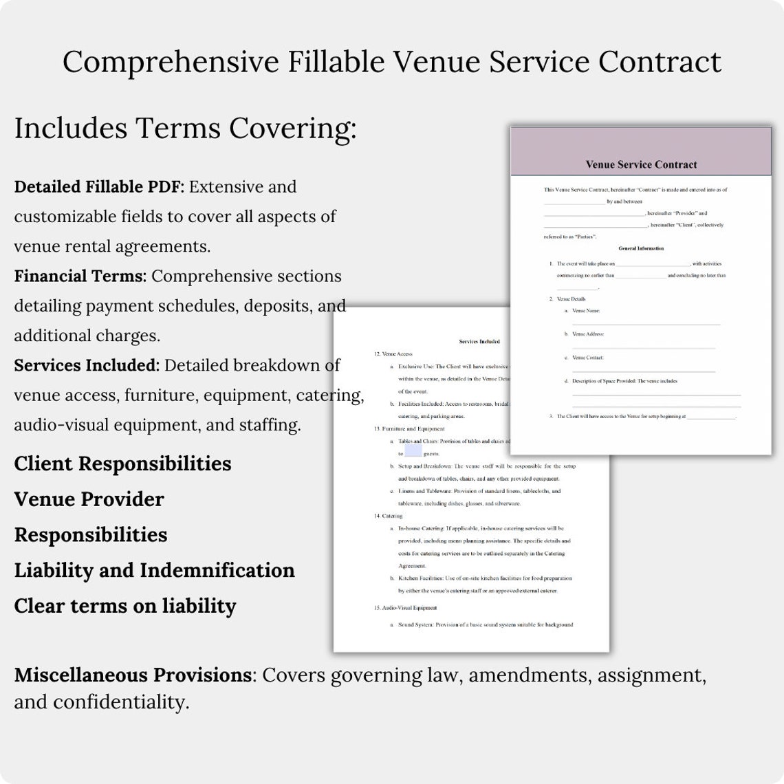 Fillable Venue Service Contract Bundle – Simple & Comprehensive PDF ...
