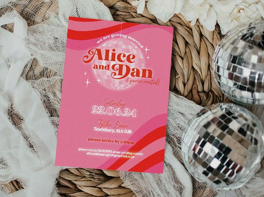 Customisable Colourful Retro Disco Themed Wedding Invitation ...