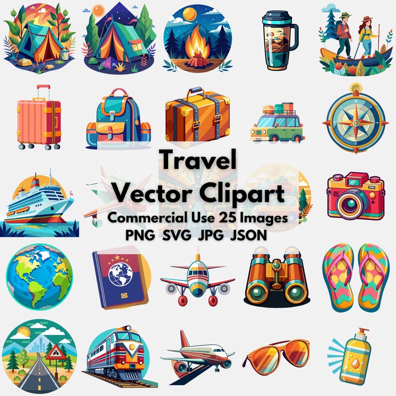 Travel Icons Cartoon Travel Clipart Bundle 25 Vector Images, Vacation ...