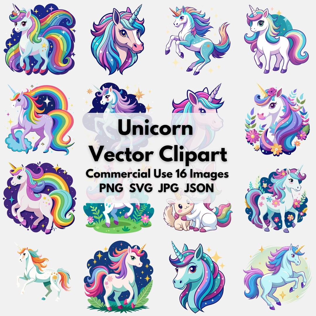 Cartoon Unicorn Clipart Bundle, Rainbow Unicorn SVG 16 Vector, Unicorn ...