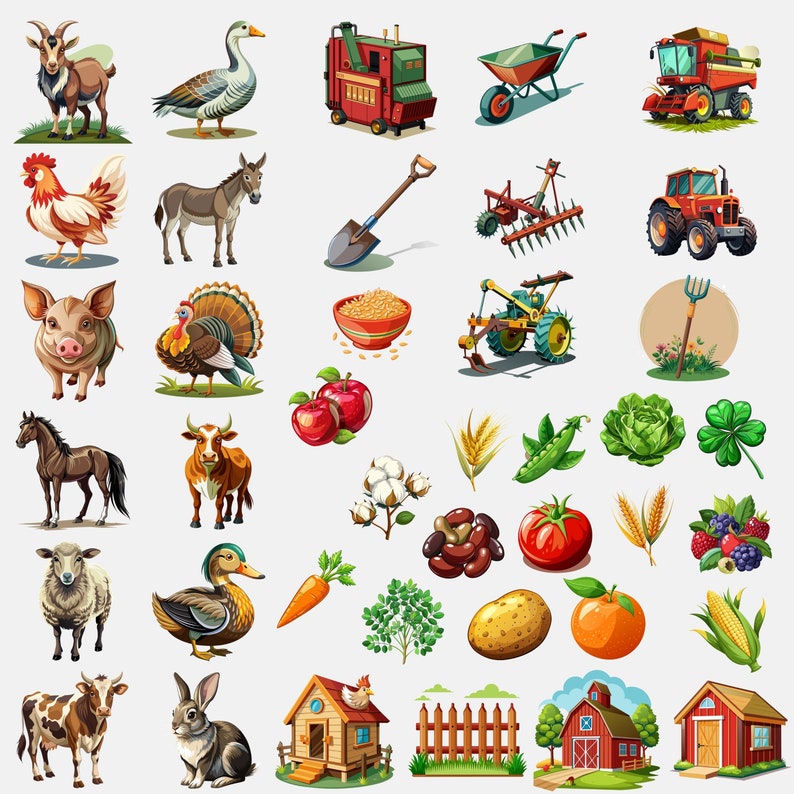 Farm Life Cartoon Farm Animals Clipart Bundle 40 Vector Images, Farmer ...